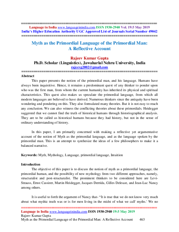 (PDF) Myth as the Primordial Language of the Primordial Man: A ...