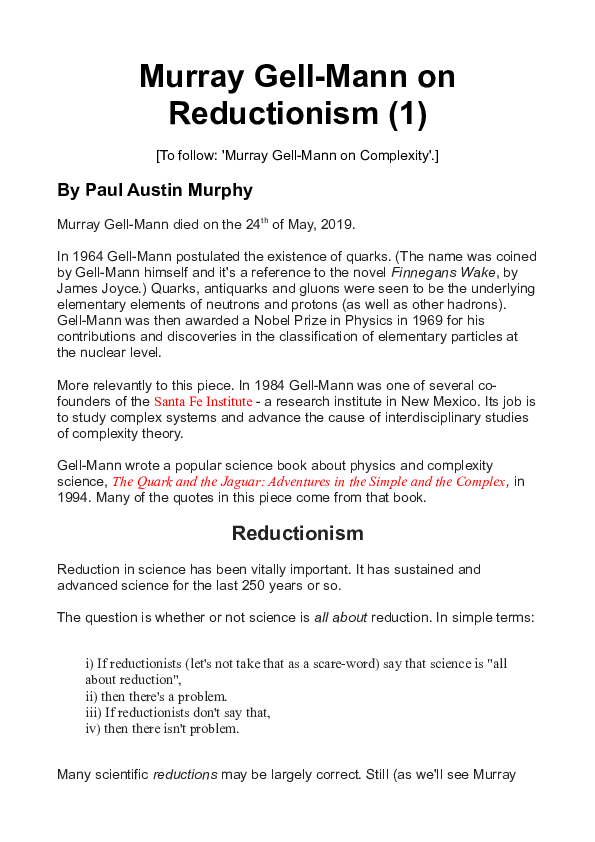 (DOC) Murray Gell-Mann on Reductionism (1)