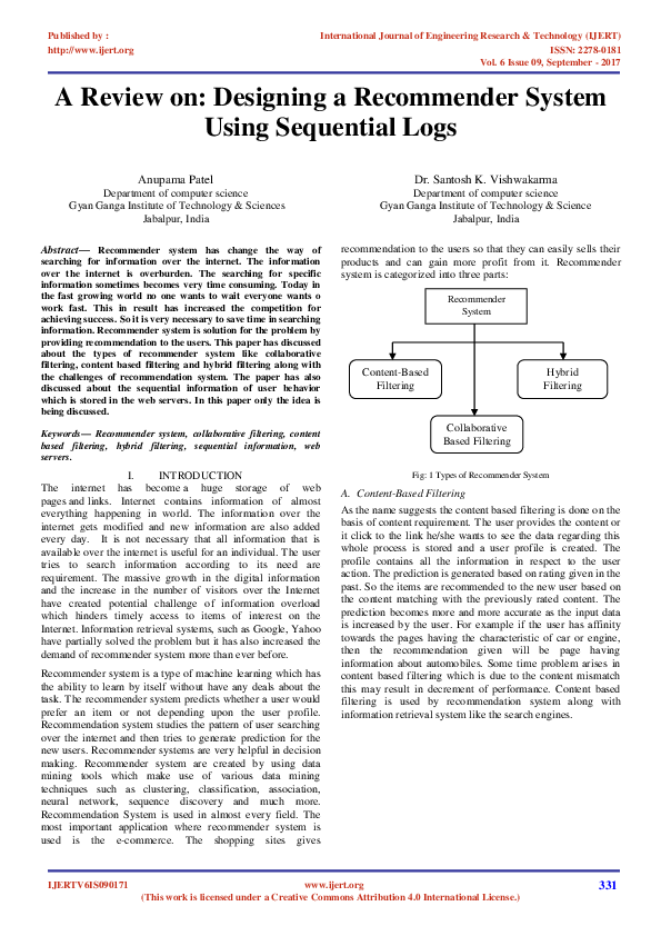 (PDF) IJERT-A Review on: Designing a Recommender System Using Sequential Logs | IJERT Journal ...