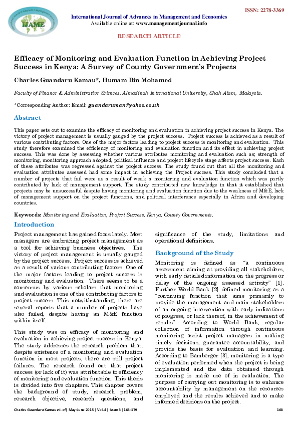 (PDF) Efficacy of Monitoring and Evaluation Function in Achieving ...