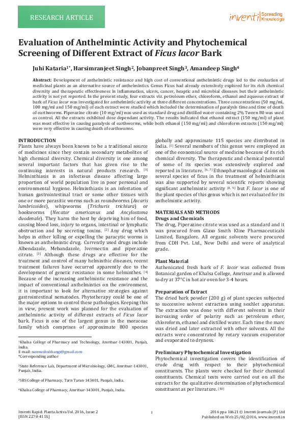 (PDF) Evaluation of Anthelmintic Activity and Phytochemical