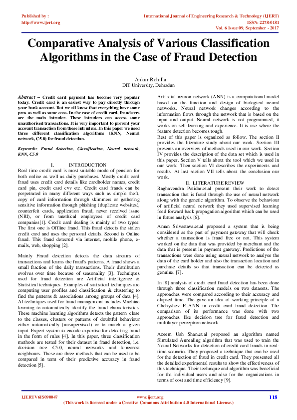 Pdf Ijert Comparative Analysis Of Various Classification Algorithms In The Case Of Fraud
