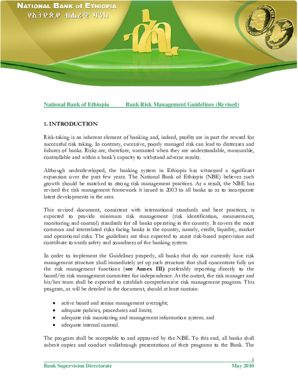 (PDF) National Bank of Ethiopia Bank Risk Management Guidelines (Revised