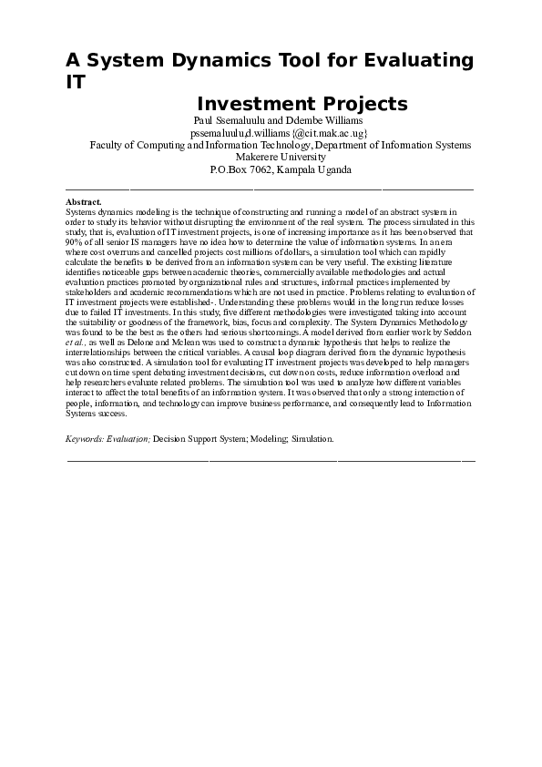(DOC) A System Dynamics Tool for Evaluating IT Investment Projects