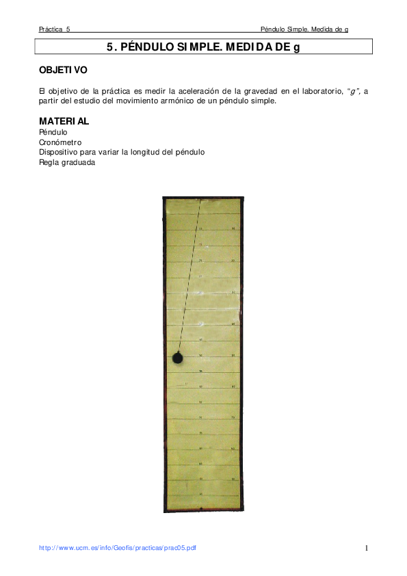 (PDF) Práctica 5 Péndulo Simple. Medida de g 5. PÉNDULO SIMPLE. MEDIDA DE g OBJETIVO