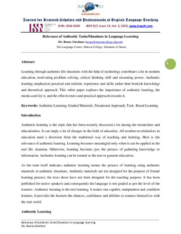 (PDF) Relevance of Authentic Tasks/Situations in Language Learning