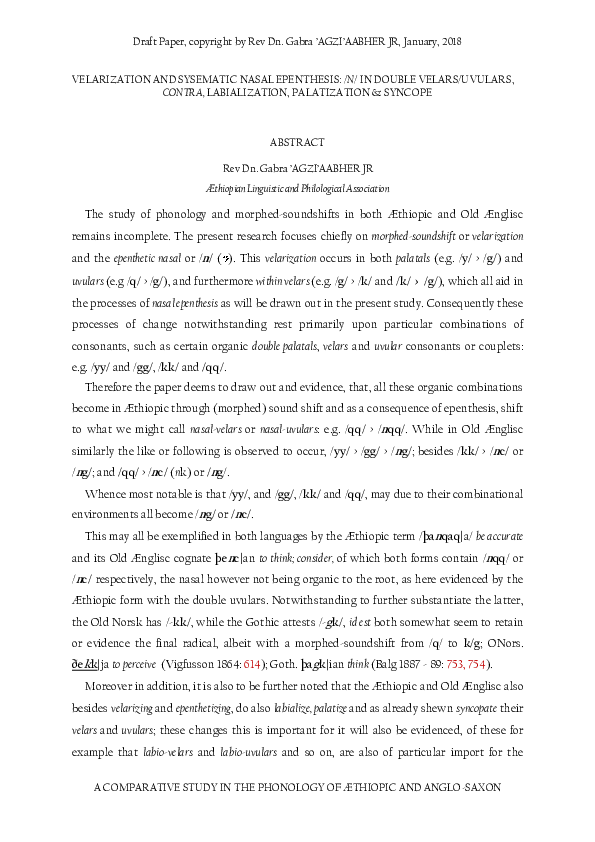 (PDF) [Draft Paper:] 'Velarization & Systematic 'Nasal Epenthesis' in ...