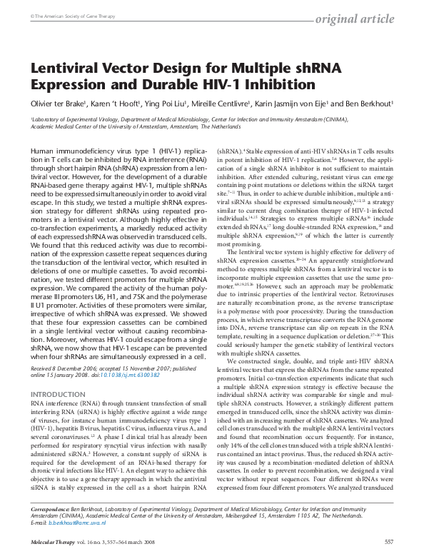 (PDF) Lentiviral vector design for multiple shRNA expression and ...