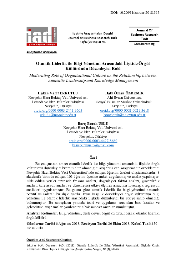 (PDF) Moderating Role of Organizational Culture on the Relationship between Authentic Leadership ...