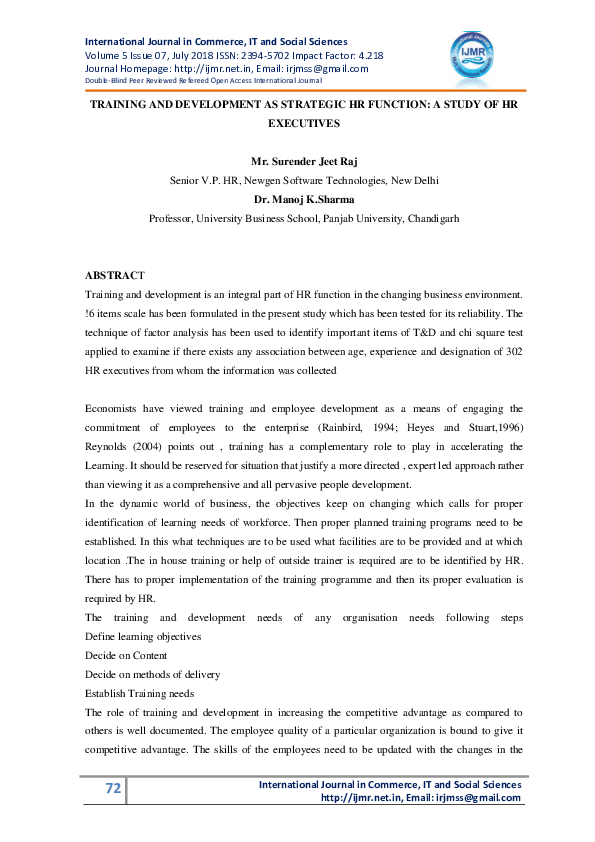 (PDF) TRAINING AND DEVELOPMENT AS STRATEGIC HR FUNCTION: A STUDY OF HR ...