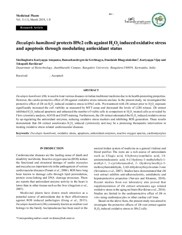 (PDF) Decalepis hamiltonii protects H9c2 cells against H 2 O 2 induced ...