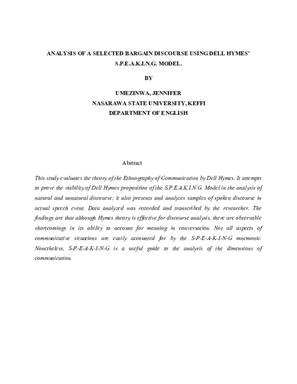 (PDF) ANALYSIS OF A SELECTED BARGAIN DISCOURSE USING DELL HYMES’ S.P.E ...