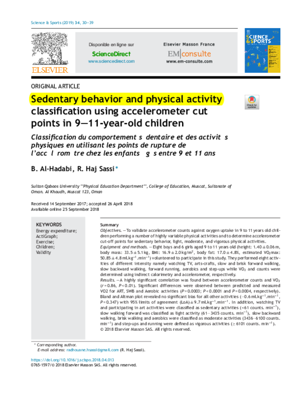 (PDF) ScienceDirect Sedentary behavior and physical activity classification using accelerometer ...