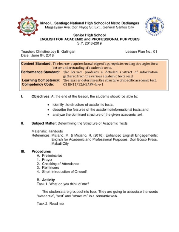 (DOC) Irineo L. Santiago National High School of Metro Dadiangas