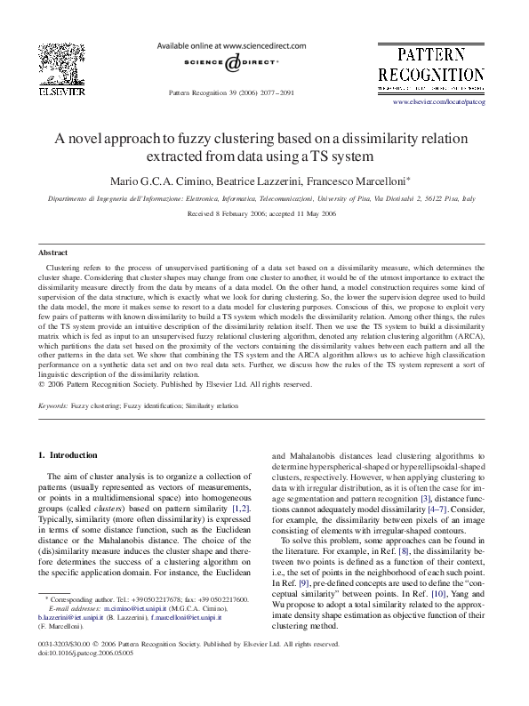 Pdf A Novel Approach To Fuzzy Clustering Based On A Dissimilarity Relation Extracted From Data