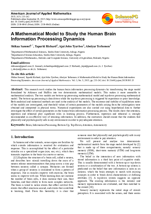 (PDF) A Mathematical Model to Study the Human Brain Information Processing Dynamics
