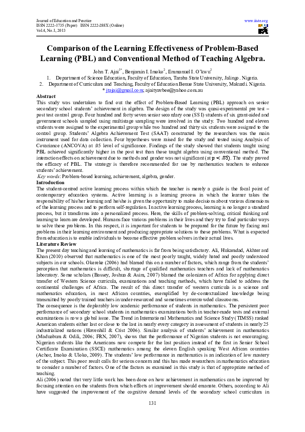 (PDF) Comparison of the Learning Effectiveness of Problem-Based Learning (PBL) and Conventional ...