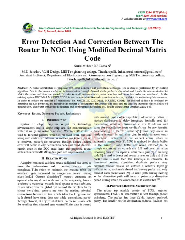 (PDF) Error Detection And Correction Between The Router In NOC Using Modified Decimal Matrix Code