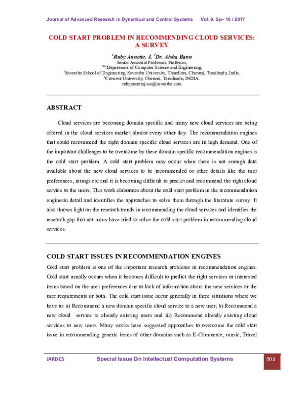 (PDF) COLD START PROBLEM IN RECOMMENDING CLOUD SERVICES: A SURVEY ...