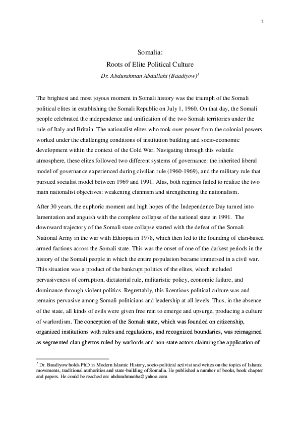 (PDF) Somalia: Roots of Elite Political Culture