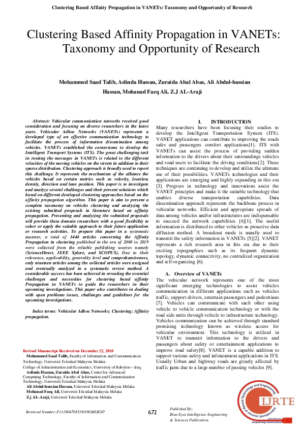 (PDF) Clustering Based Affinity Propagation in VANETs: Taxonomy and Opportunity of Research