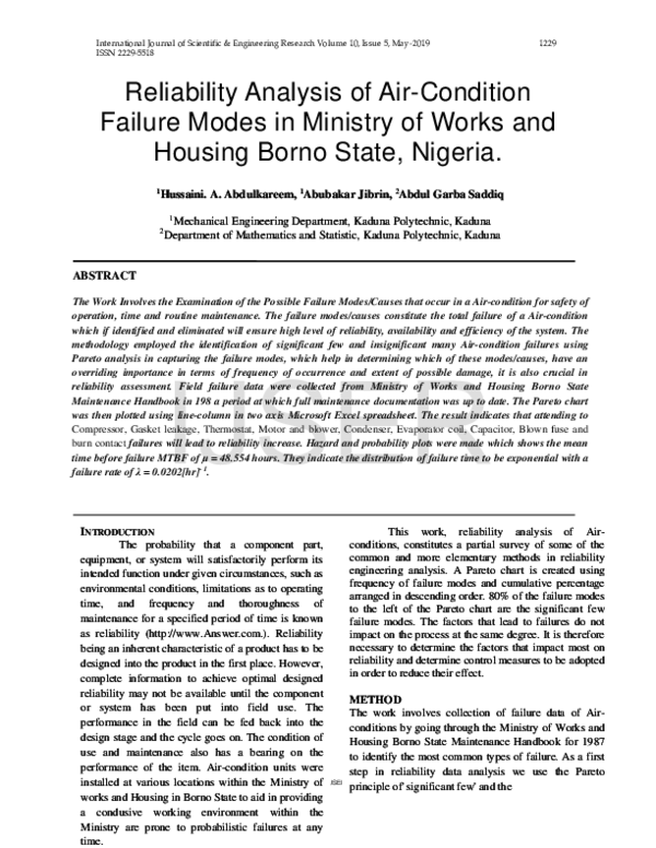 Pdf Reliability Analysis Of Air Condition Failure Modes In Ministry