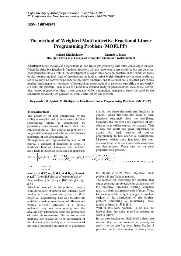 (PDF) The method of Weighted Multi objective Fractional Linear Programming Problem (MOFLPP
