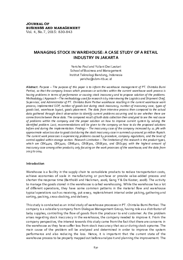 (PDF) MANAGING STOCK IN WAREHOUSE: A CASE STUDY OF A RETAIL INDUSTRY IN ...