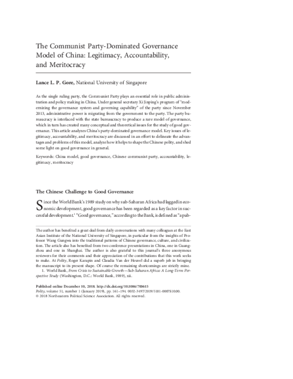 (PDF) The Communist Party-Dominated Governance Model of China ...