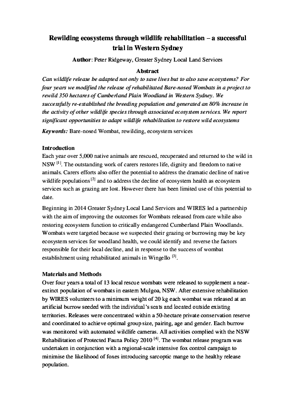 (PDF) Rewilding ecosystems through wildlife rehabilitation -a successful trial in Western Sydney