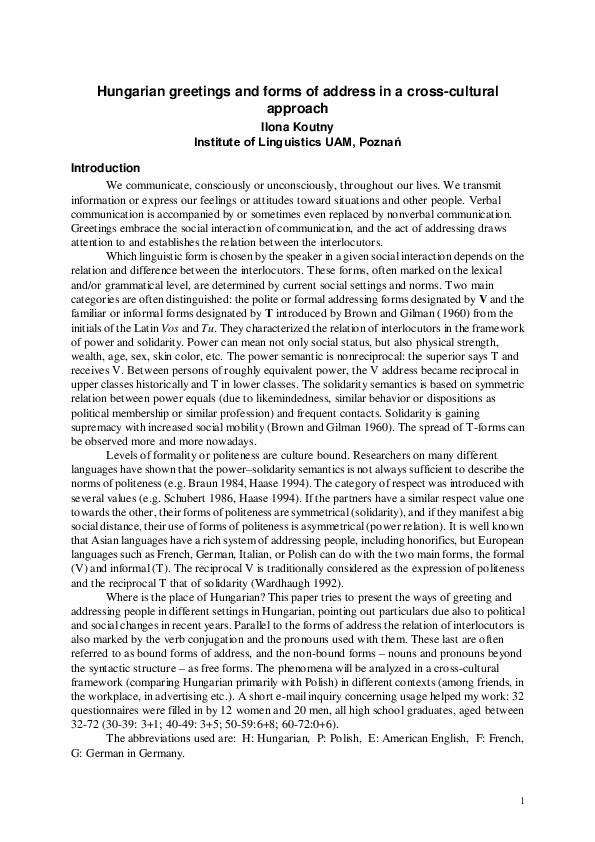 (PDF) Hungarian greetings and forms of address in a cross-cultural ...