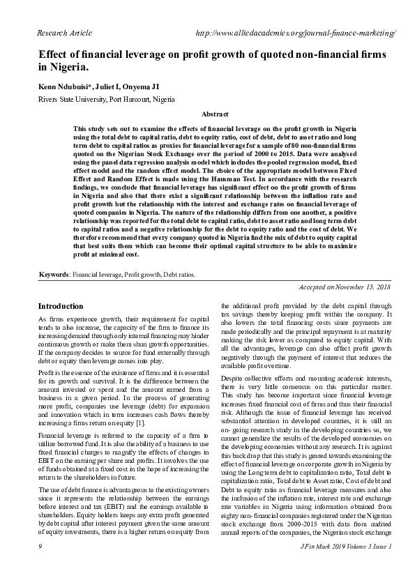 (PDF) Effect of financial leverage on profit growth of quoted non-financial firms in Nigeria