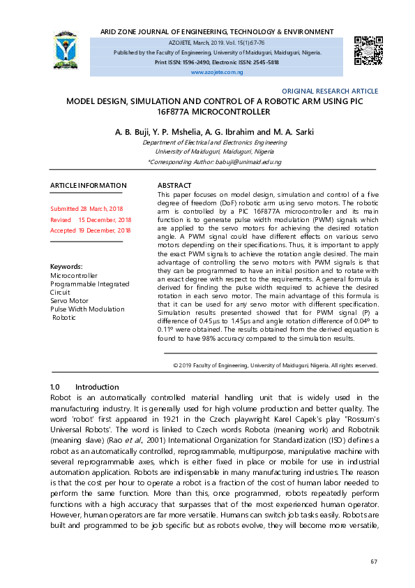 Pdf Model Design Simulation And Control Of A Robotic Arm Using Pic