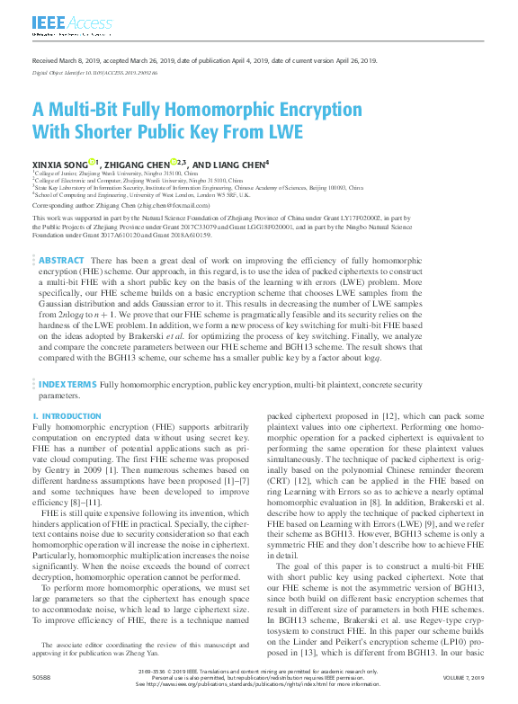 (PDF) A Multi-Bit Fully Homomorphic Encryption With Shorter Public Key From LWE