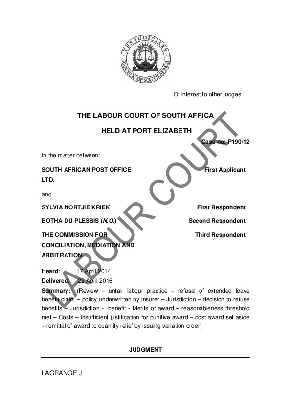 (PDF) THE LABOUR COURT OF SOUTH AFRICA HELD AT PORT ELIZABETH