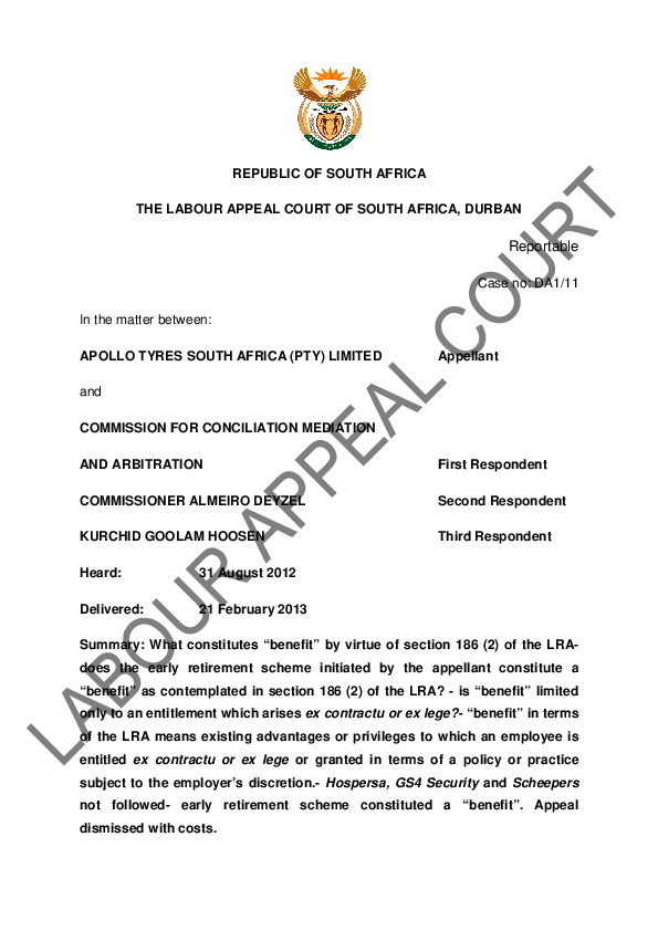 (PDF) APOLLO TYRES SOUTH AFRICA (PTY) LIMITED Appellant and COMMISSION FOR CONCILIATION ...