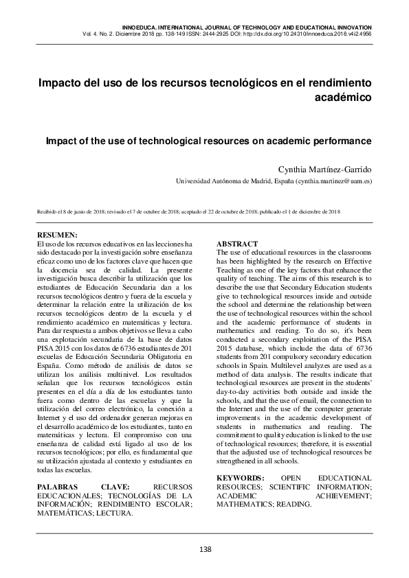 (PDF) Impacto del uso de los recursos tecnológicos en el rendimiento ...