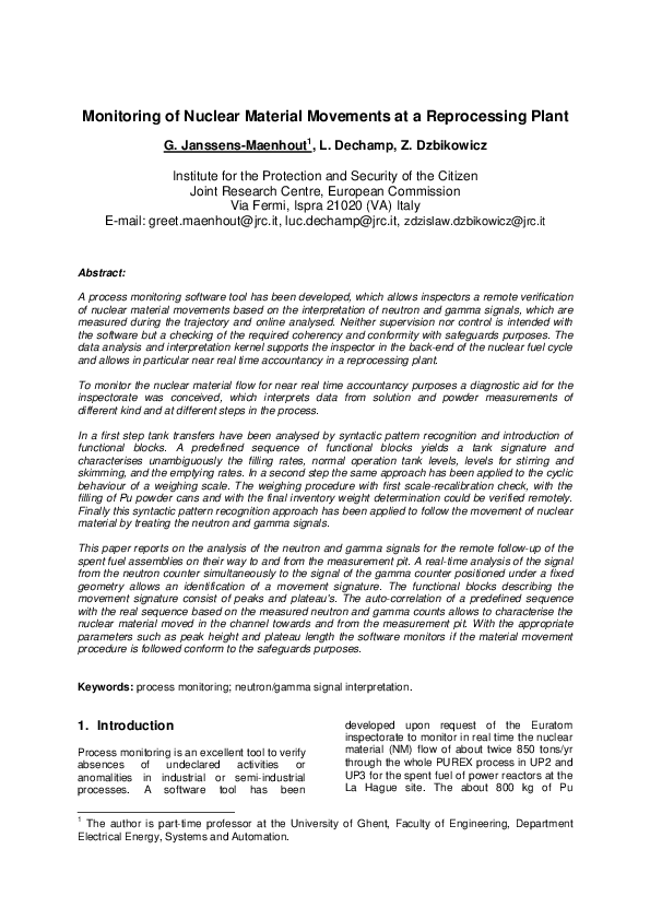 (PDF) Monitoring of Nuclear Material Movements at a Reprocessing Plant