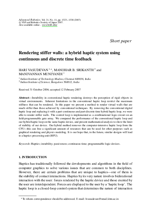 (PDF) Rendering stiffer walls: a hybrid haptic system using continuous and discrete time feedback