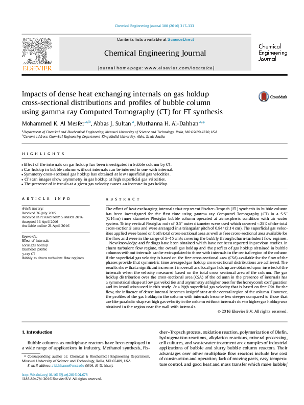 (PDF) Impacts of dense heat exchanging internals on gas holdup cross-sectional distributions and ...