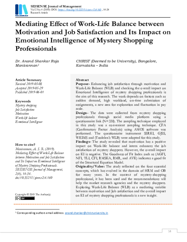 (PDF) Mediating Effect of Work-Life Balance between Motivation and Job Satisfaction and Its ...