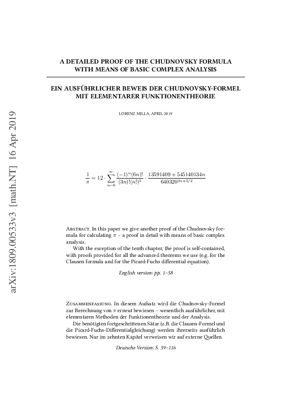 (PDF) A DETAILED PROOF OF THE CHUDNOVSKY FORMULA WITH MEANS OF BASIC ...