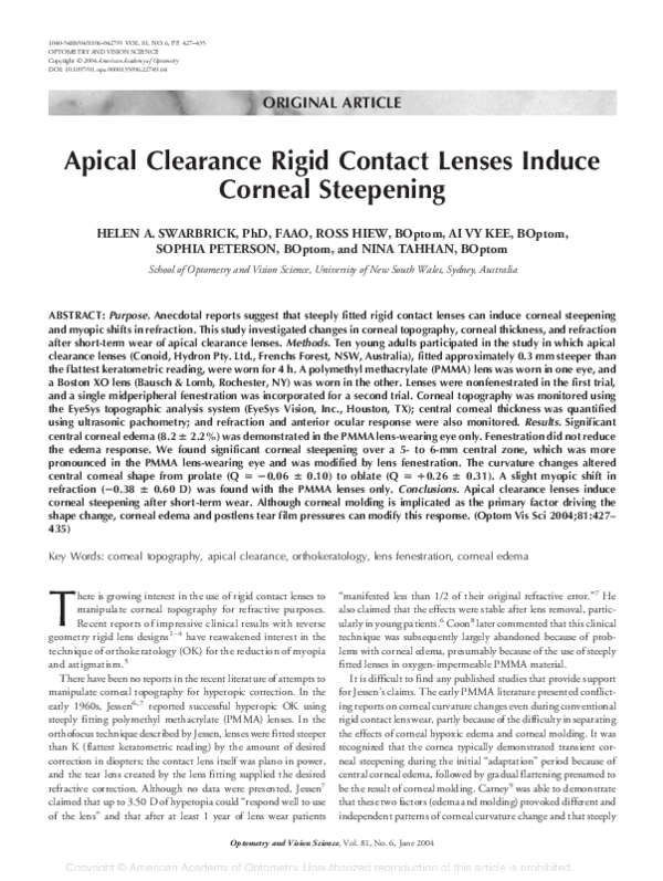 (PDF) Apical Clearance Rigid Contact Lenses Induce Corneal Steepening