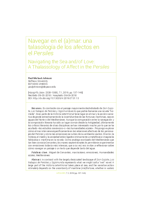 (PDF) Navegar en el (a)mar: Una talasología de los afectos en el Persiles