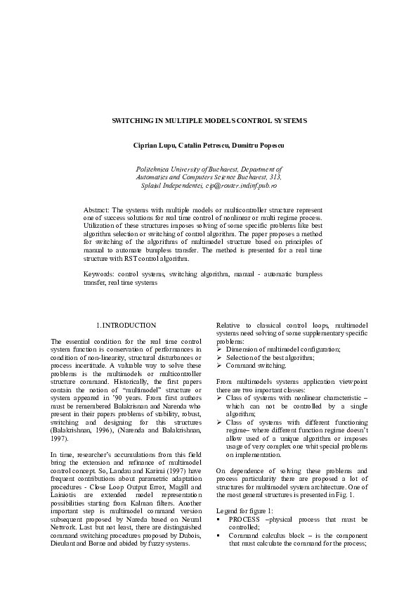 (PDF) SWITCHING IN MULTIPLE MODELS CONTROL SYSTEMS