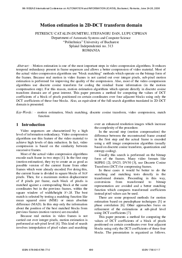 Pdf Motion Estimation In 2d Dct Transform Domain