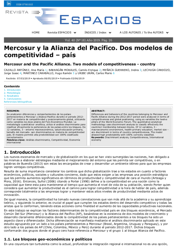 (PDF) Mercosur y la Alianza del Pacífico. Dos modelos de competitividad ...