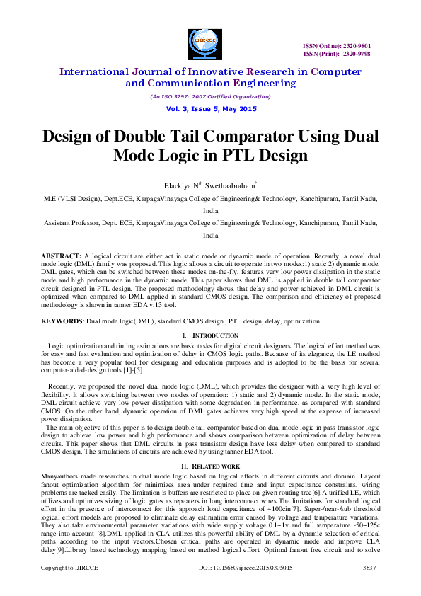 (PDF) Design of Double Tail Comparator Using Dual Mode Logic in PTL Design