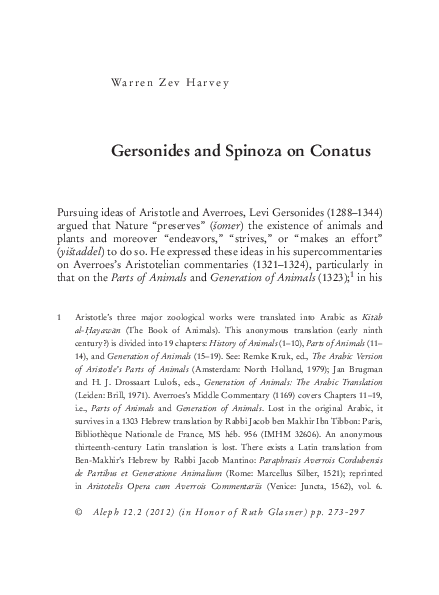 (PDF) Warren Zev Harvey, “Gersonides and Spinoza on Conatus,” Aleph ...