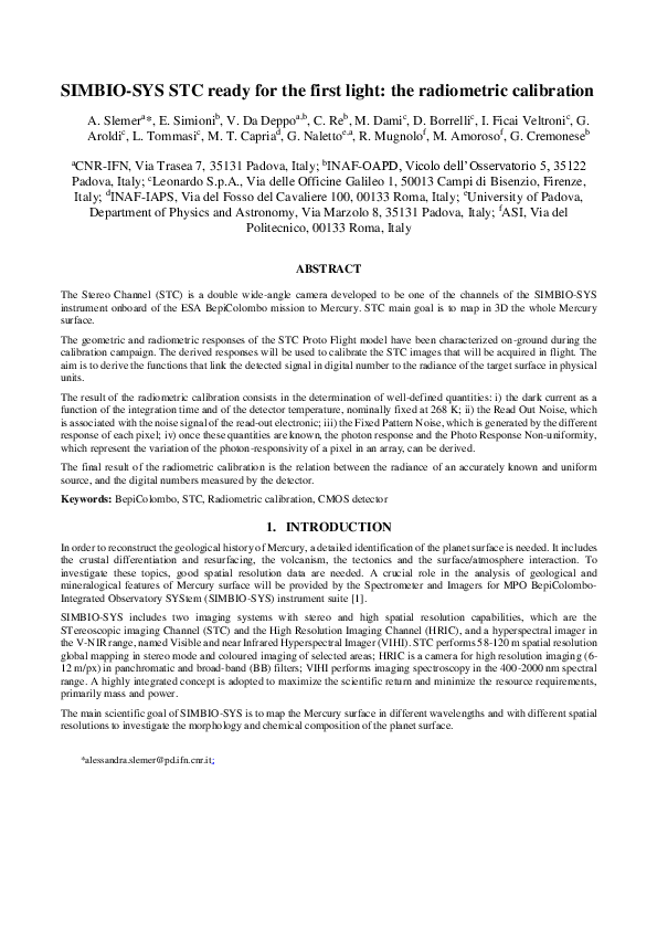 (PDF) SIMBIO-SYS STC ready for the first light: the radiometric calibration